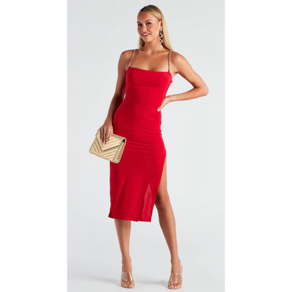 Windsor | Dresses | Windsor Red Side Slit Chain Midi S | Poshmark